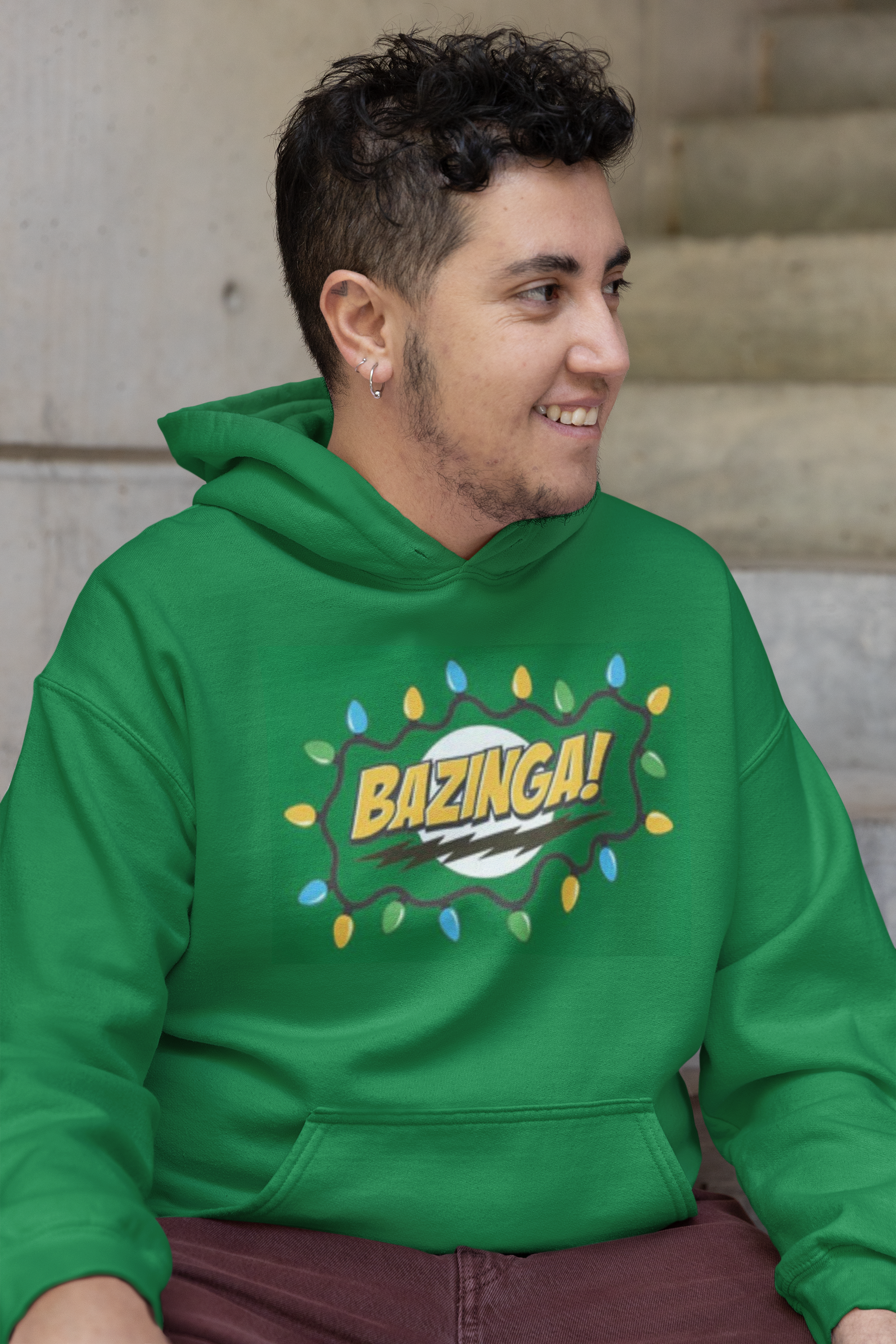 Big Bang Theory - Christmas Lights Bazinga Mens Irish Green Pullover H ...