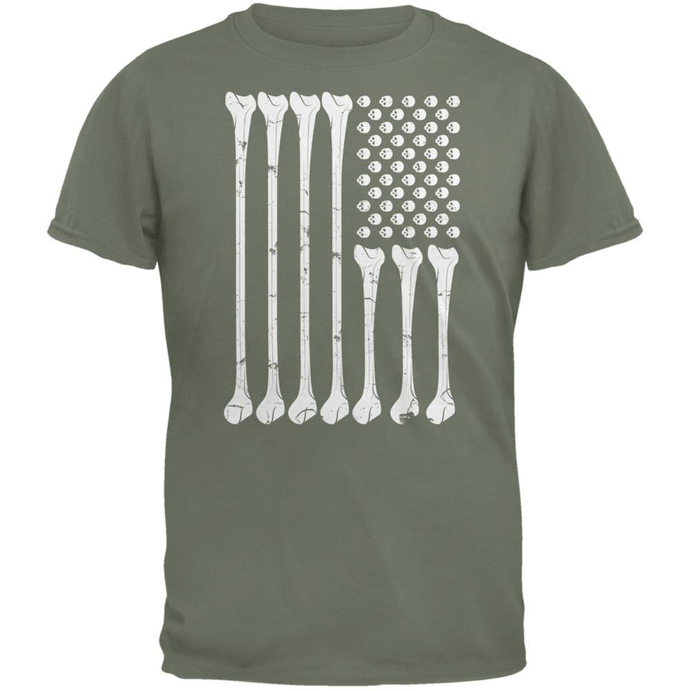 Halloween Skeleton Bones American Flag Military Green Adult T-Shirt ...