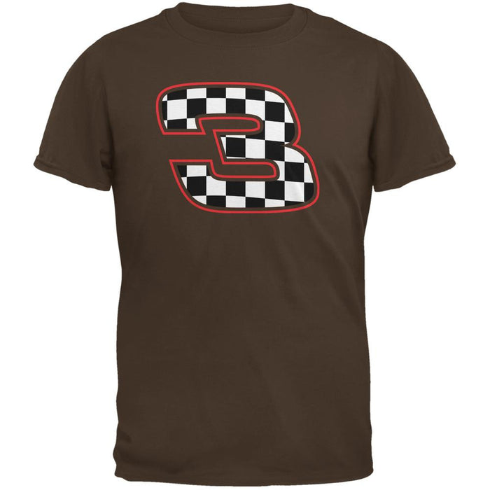 Racing Number 3 Checkered Flag Brown Adult T-Shirt – Old Glory