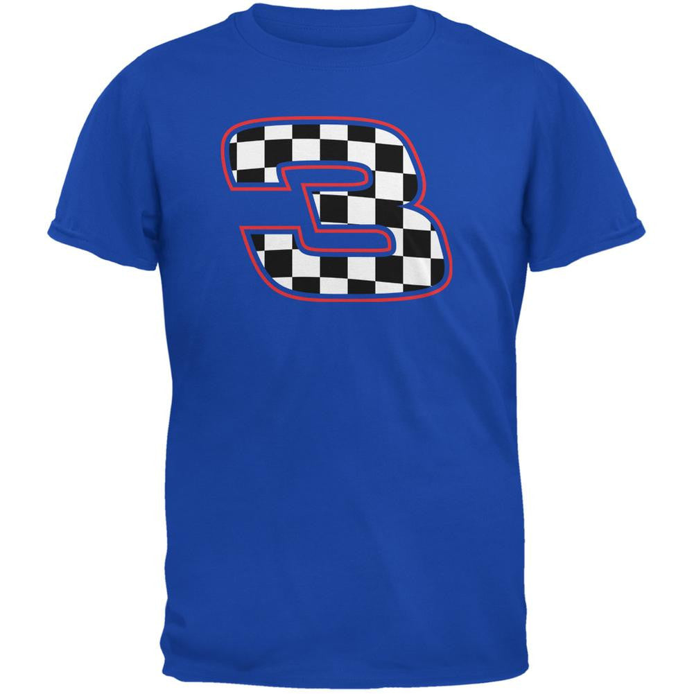 Racing Number 3 Checkered Flag Royal Adult T-Shirt – Old Glory